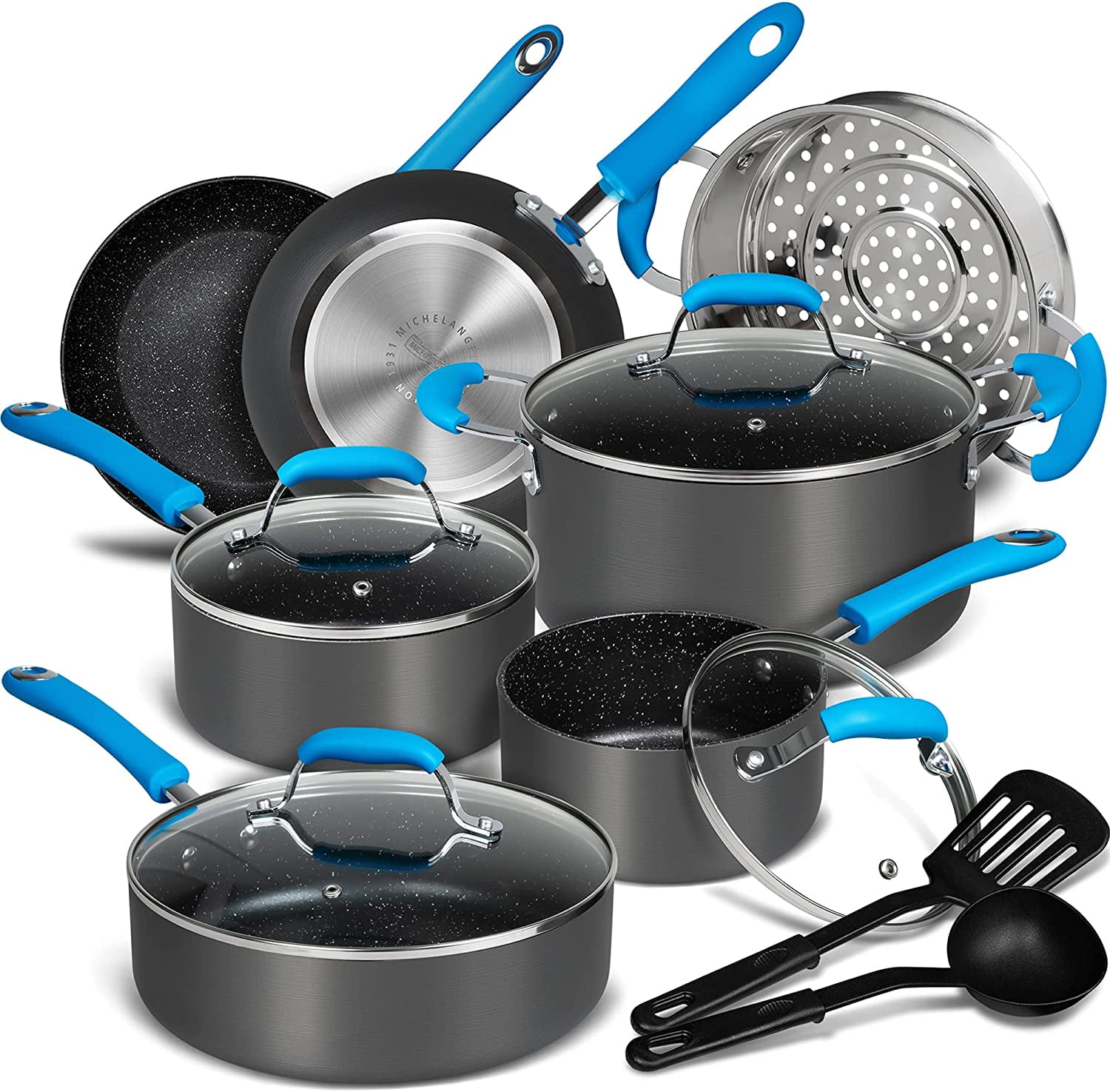 MICHELANGELO Hard Anodized Cookware Set 13 Piece, Pro. Nonstick Pots ...