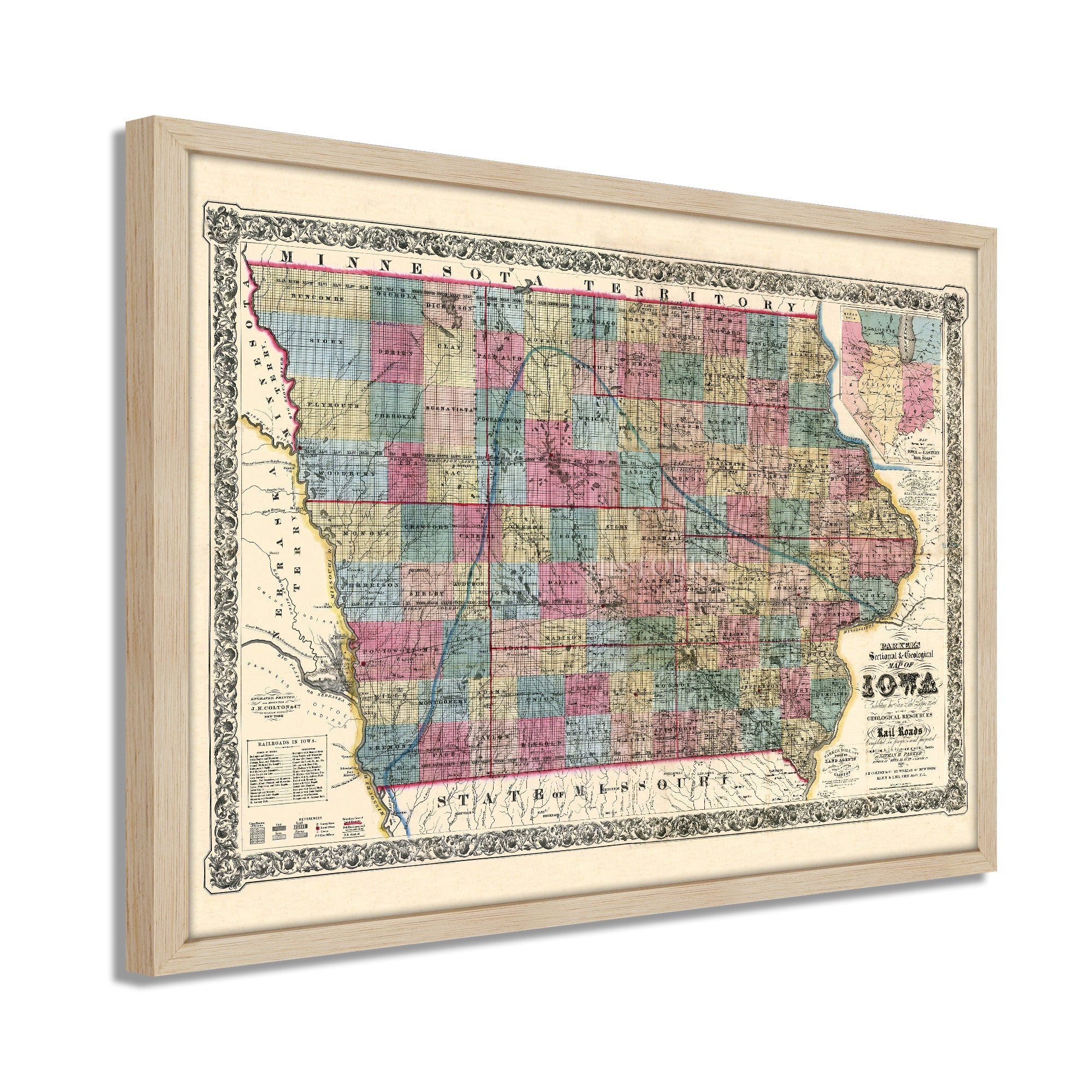 1856 Iowa Map - Framed Vintage Iowa State Map - Old State of Iowa Map ...