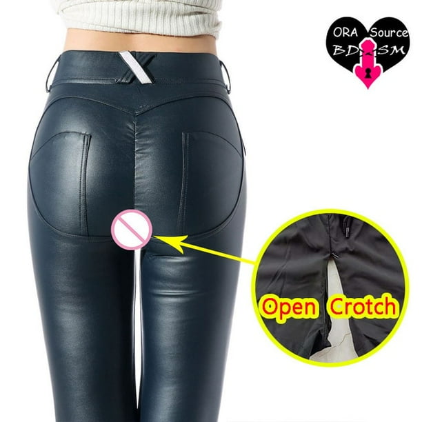 Woman Sexy Open Crotch PU Pants Leather Black Crotchless Long Panties Latex Outdoor Sex Costume ...