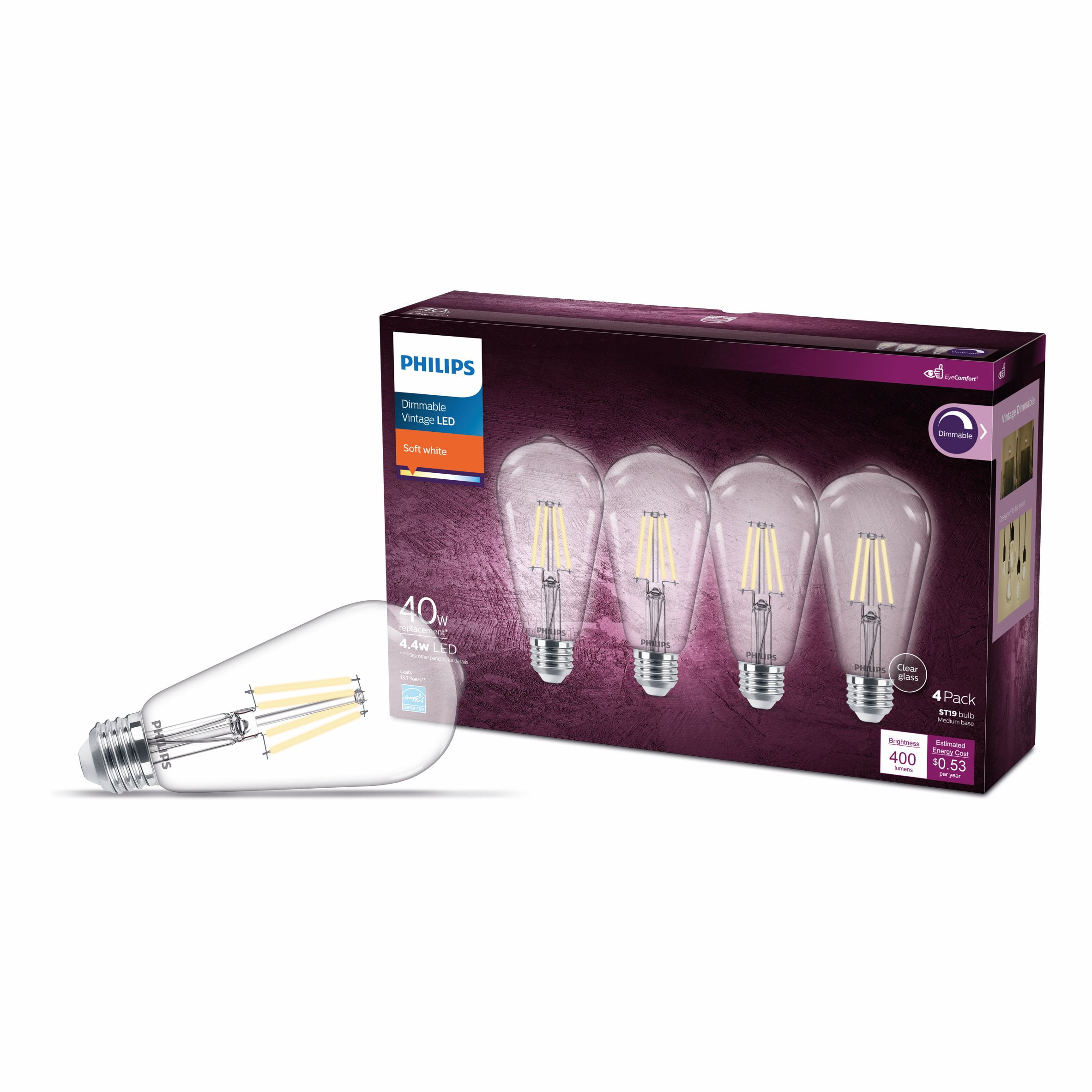 Philips LED 40-Watt ST19 Filament Straight Tubular Light Bulb, Clear ...