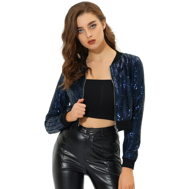 Allegra K Women's Metallic Sequin Casual Party Shiny Bomber Jackets ...