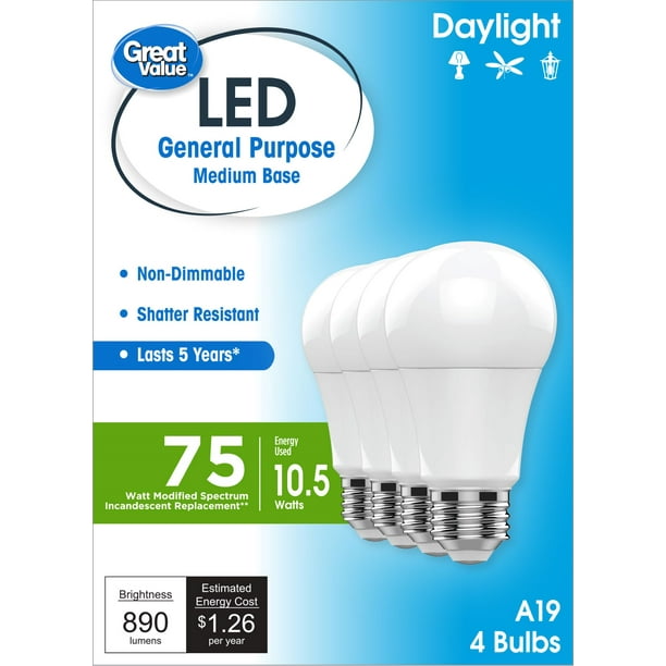 Great Value LED Light Bulbs, 75 Watts Eqv, Daylight, A19 General ...
