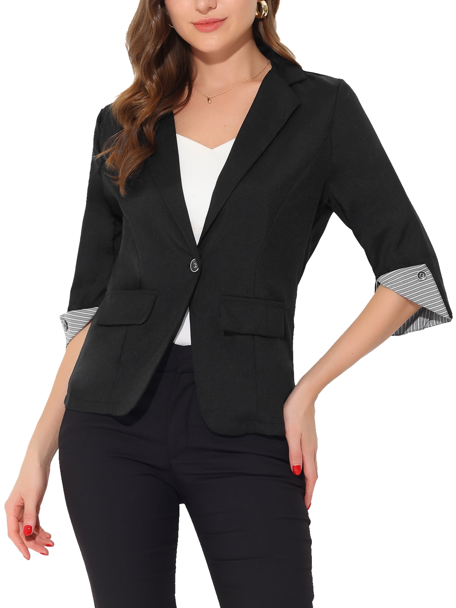 Allegra K Women's Office Work Suit Jacket Notched Lapel Collar 3/4 ...