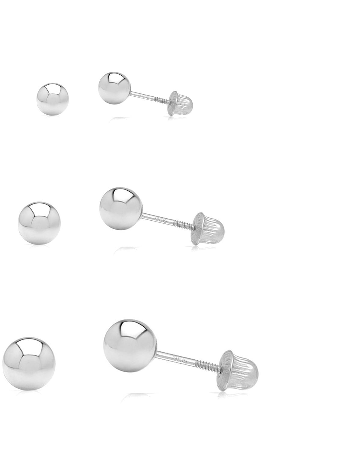 3 Pair Set 14k White Gold Ball Stud Earrings 3mm, 4mm, 5mm with Secure ...