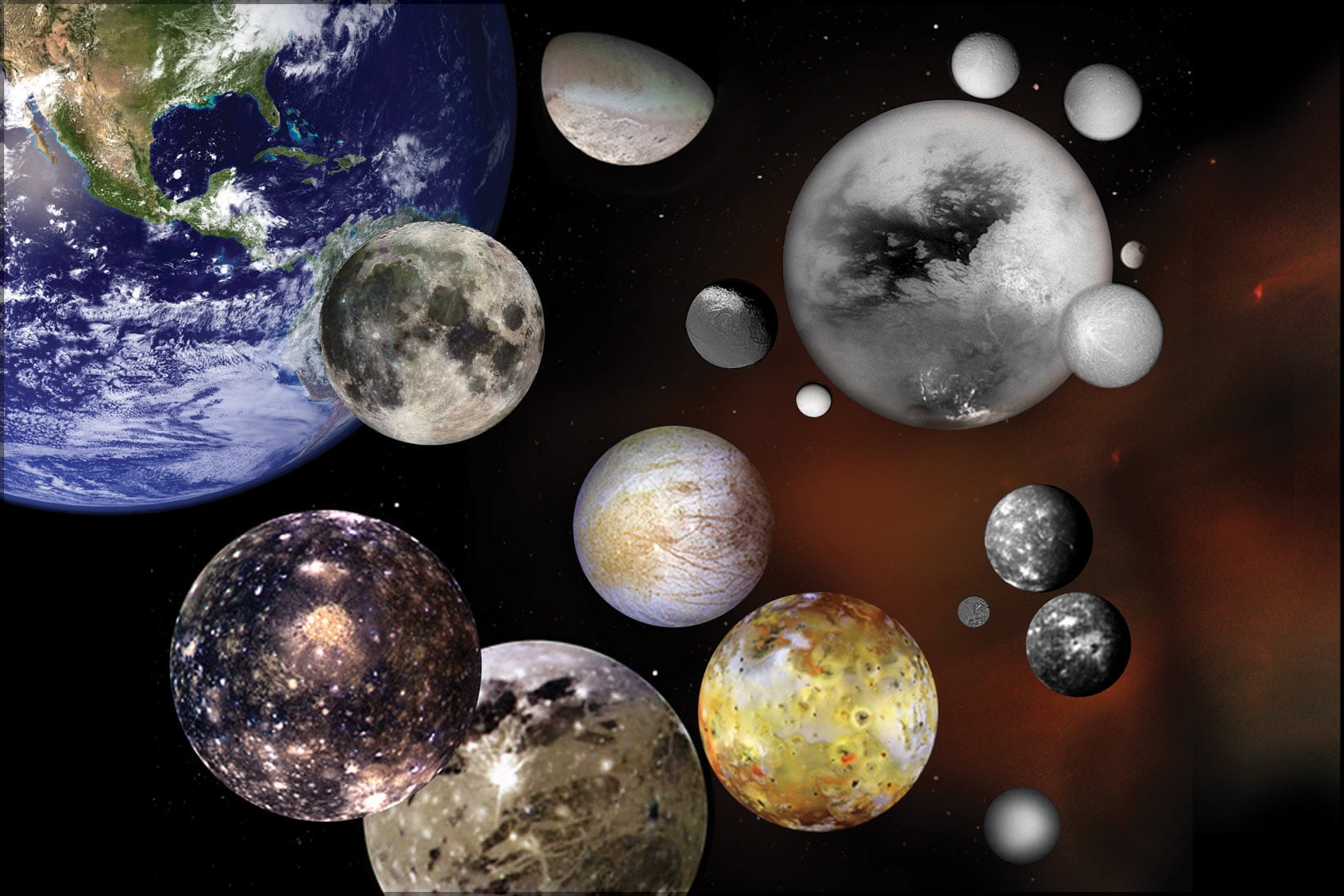 24"x36" Gallery Poster, major moons of our Solar System size relative ...