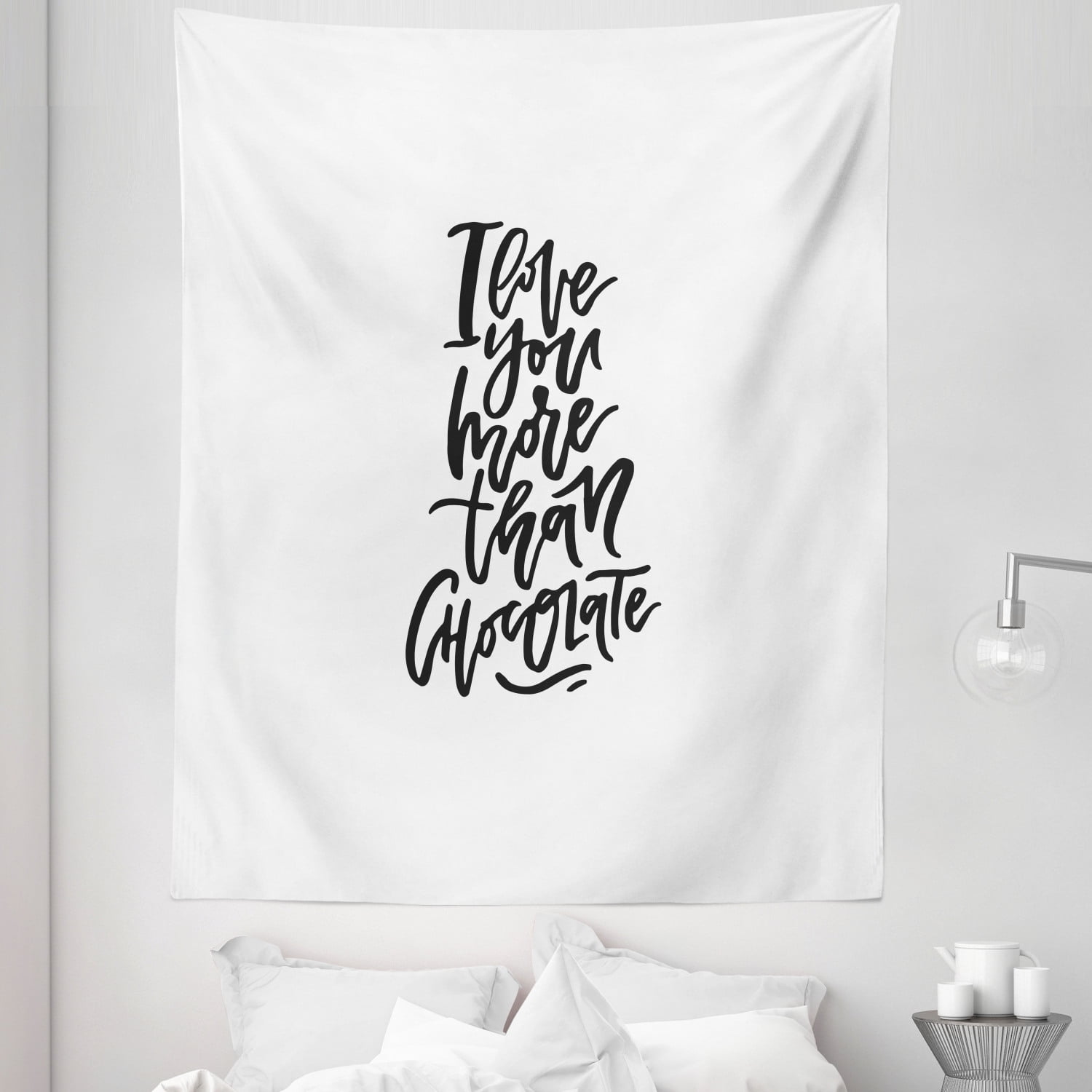 Love You More Tapestry, Romantic Hand Drawn Lettering Black and White ...
