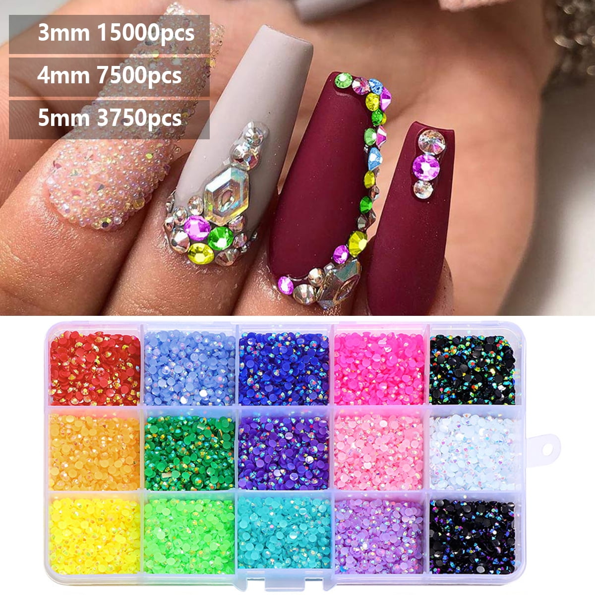 JTWEEN 7500 Pcs Nail Art Rhinestones,15 Colors 4mm Flat-bottomed Round ...