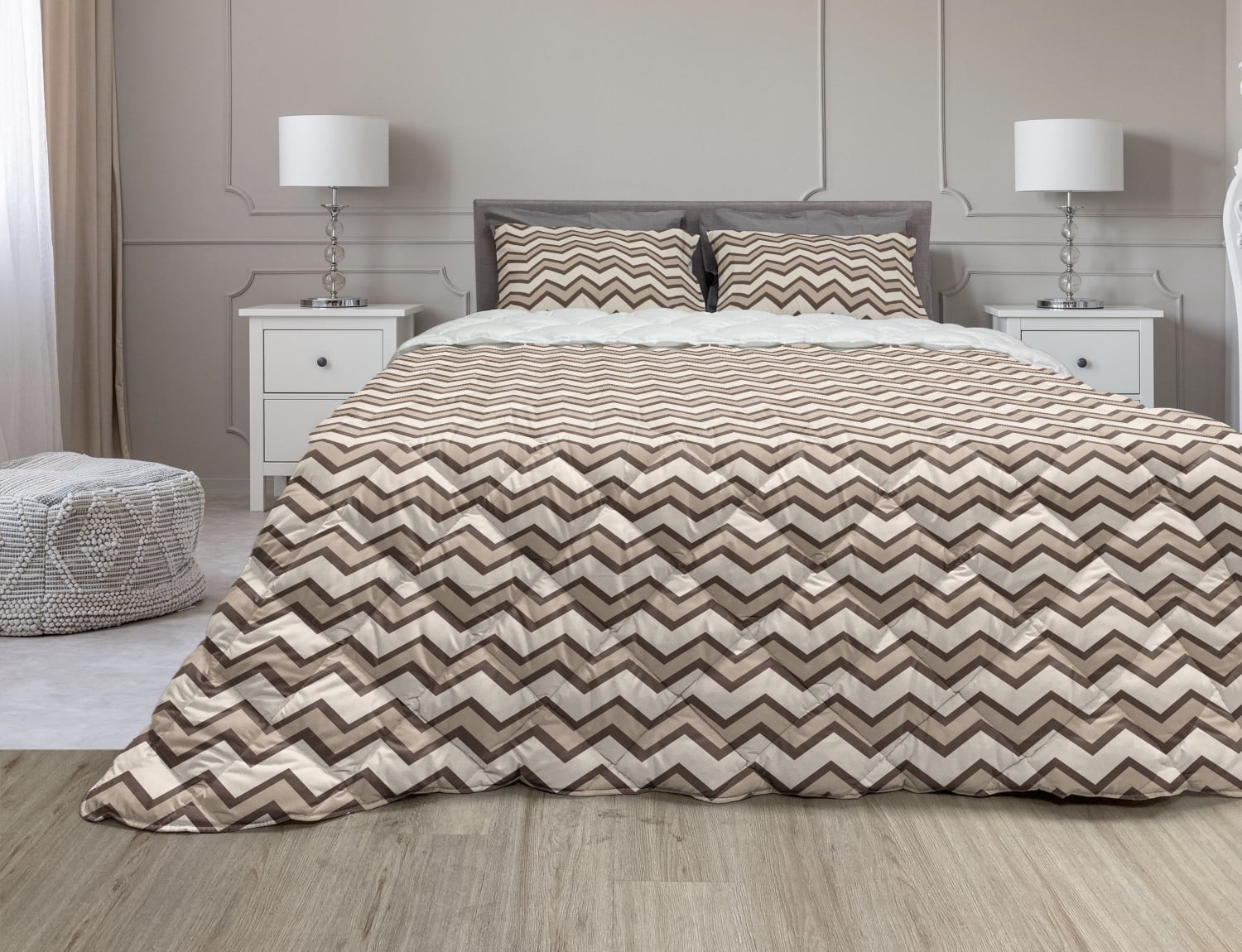 Tan Comforter & Sham Bedding Set, Classic and Chevron Zigzag Pattern ...