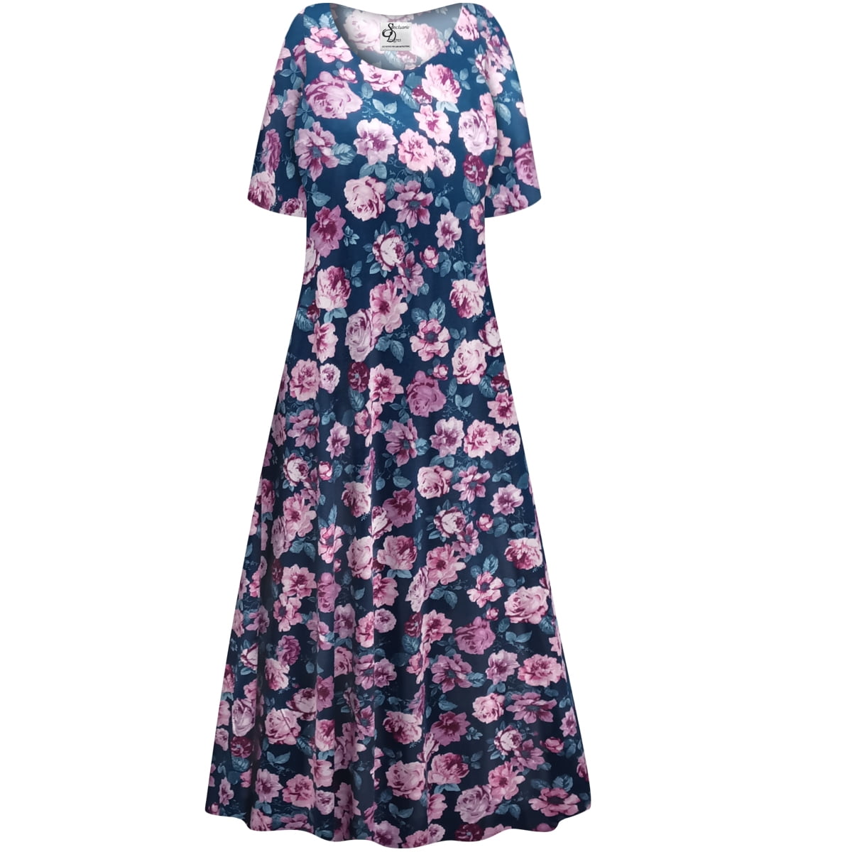 Small Women Strechy Round Neckline with Short Sleeve Dress Teal Garden ...