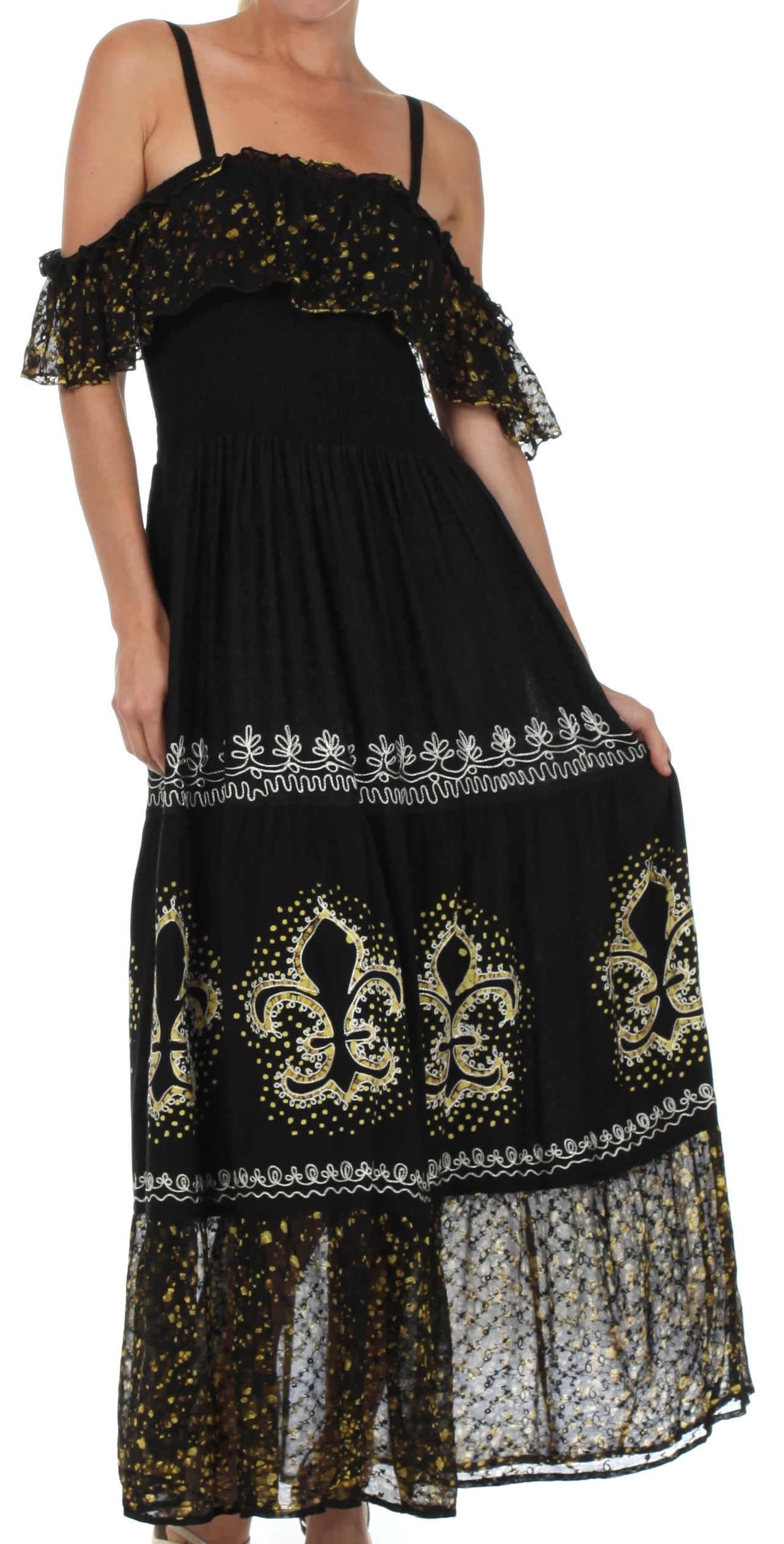 Sakkas Fleur De Lis Batik Jacquard Off Shoulder Crepe Hem Dress - Black ...