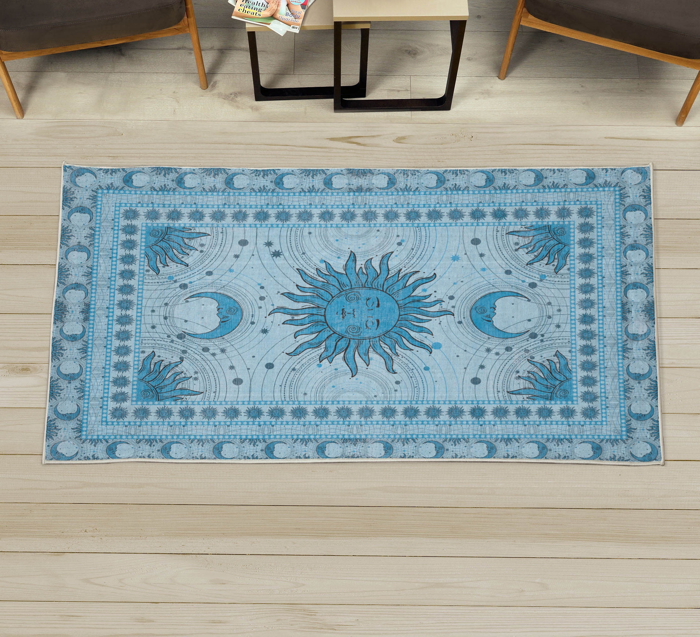 Sun and Moon Decorative Rug, Bohemian Occult Design of Crescent Solar ...