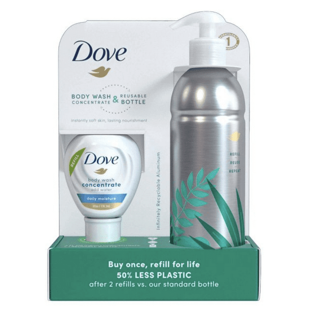 Dove Daily Moisture Body Wash Refill Concentrate & Reusable Aluminum ...