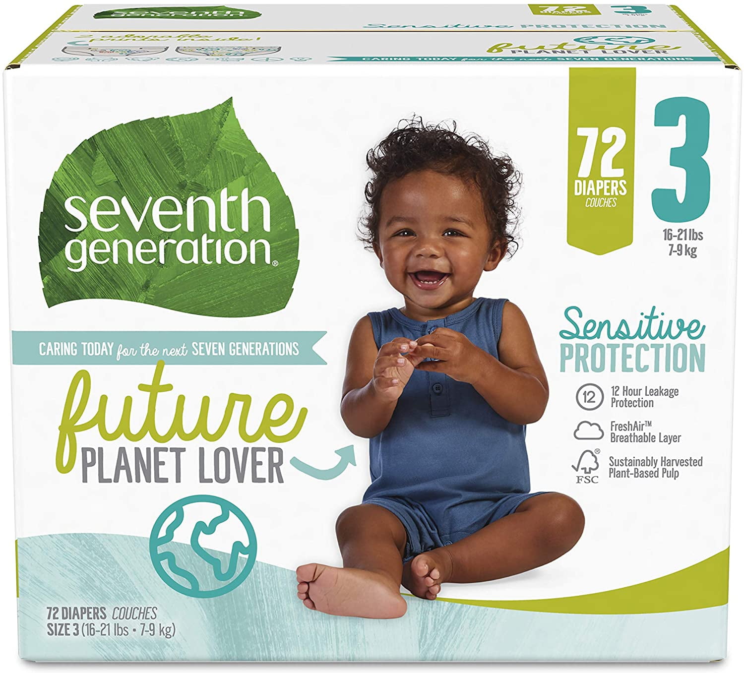Seventh Generation Baby Diapers, Size 3, 72 Count, Super Pack, for ...