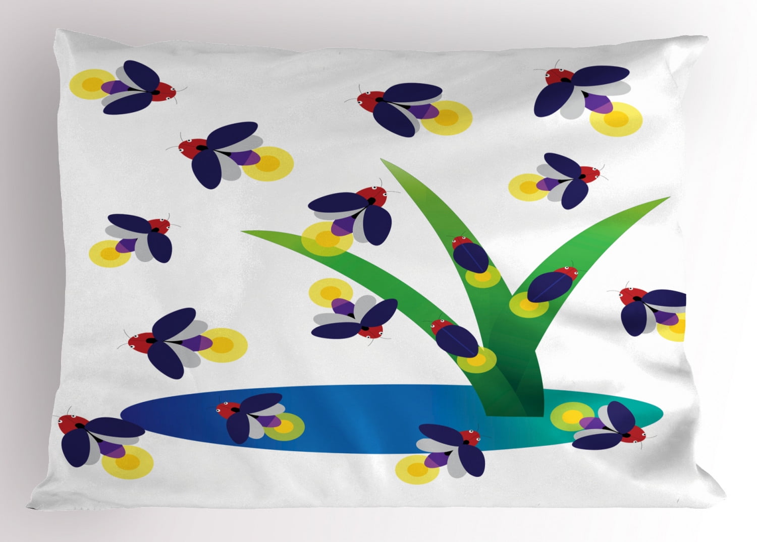 Firefly Pillow Sham, Childish Bugs Flying around Water Plant Kids ...
