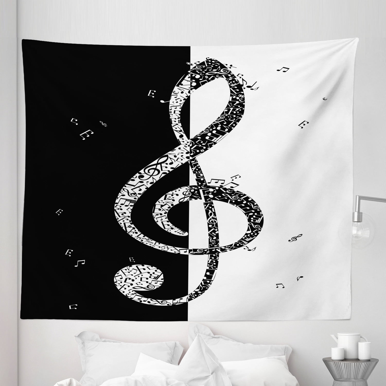 Black and White Tapestry, Musical Clef Design with Notes Modern ...