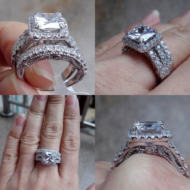 Wuziwen 4Ct Engagement Ring for Women Sterling Silver Cubic Zirconia Wedding Band Bridal Set Size 10.5