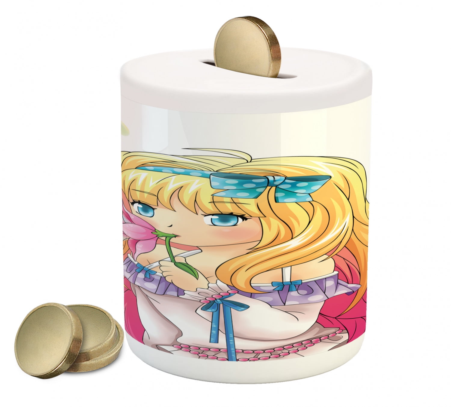 Anime Piggy Bank, Manga Girl Blowing Bubbles from a Flower Japanese ...