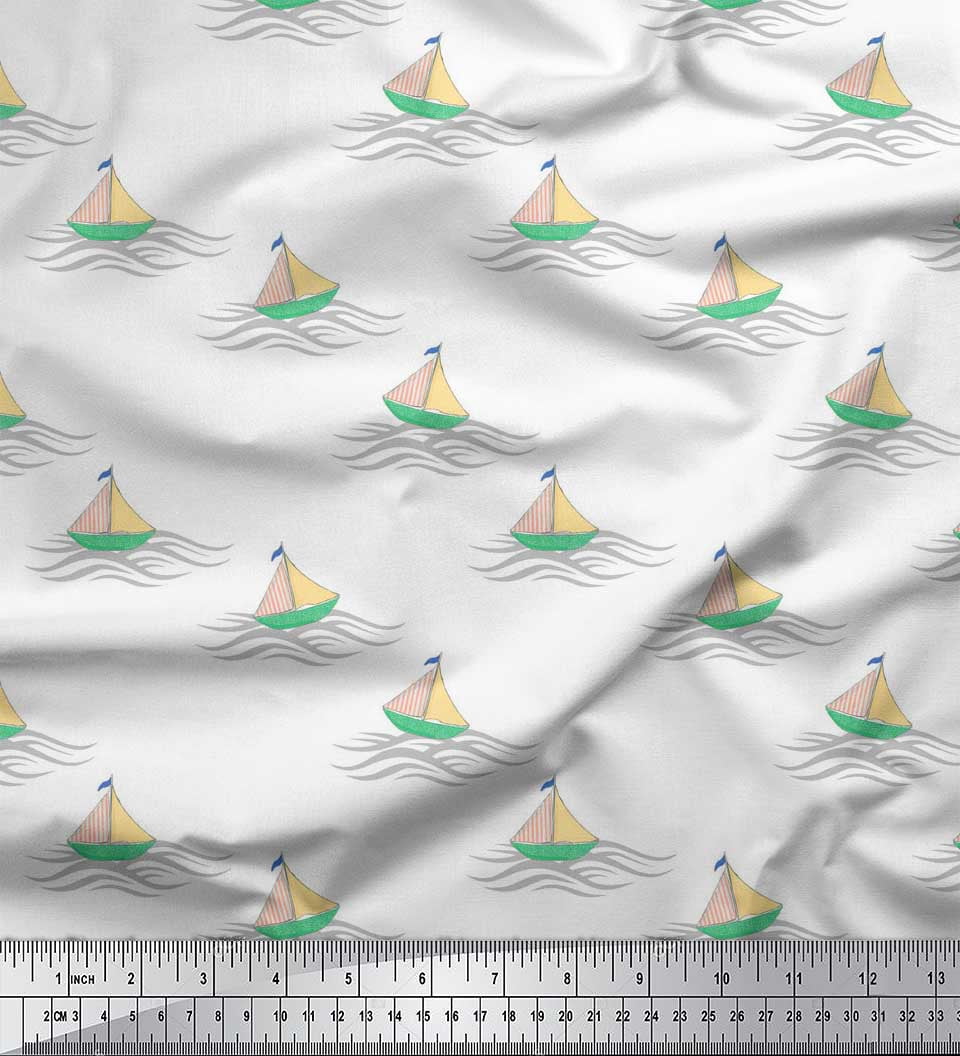 Soimoi White Silk Fabric Yacht & Waves Nautical Print Fabric by the ...
