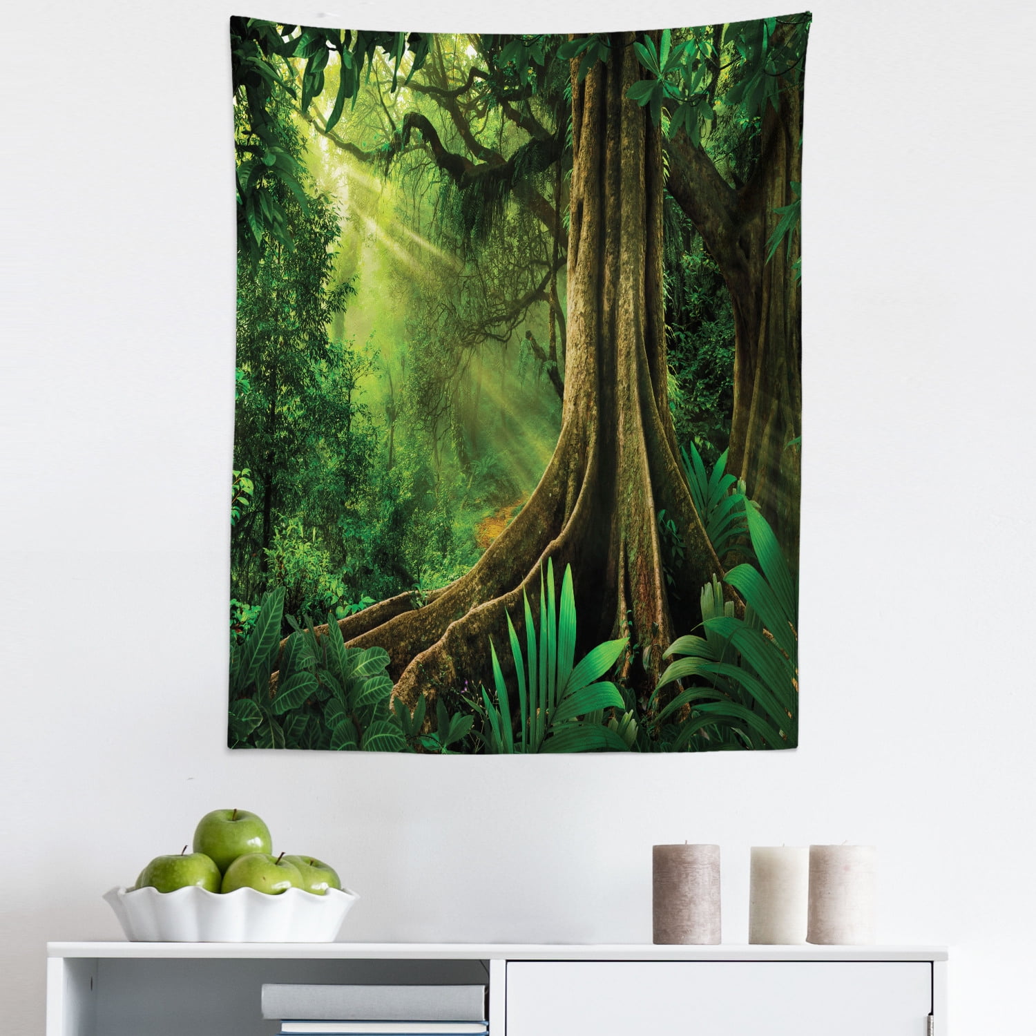 Trees Tapestry, Exotic Rainforest Scene of Jungle Branches Emerald ...