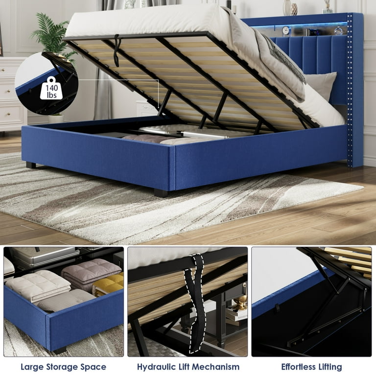 King Size Gas Lift Storage Bed Velvet Upholstered Platform Bed with Storage Headboard LED Lights and Charging Station King Platform Bed Frame for