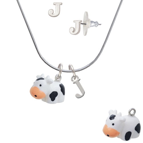 Resin Black and White Cow - J Initial Charm Necklace and Stud Earrings ...