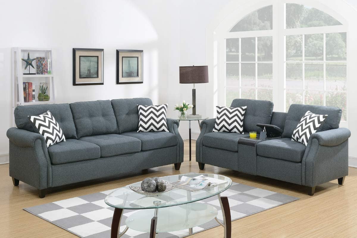Modern Blue Grey Linen-Like Fabric Sofa Loveseat Set with a USB Console ...
