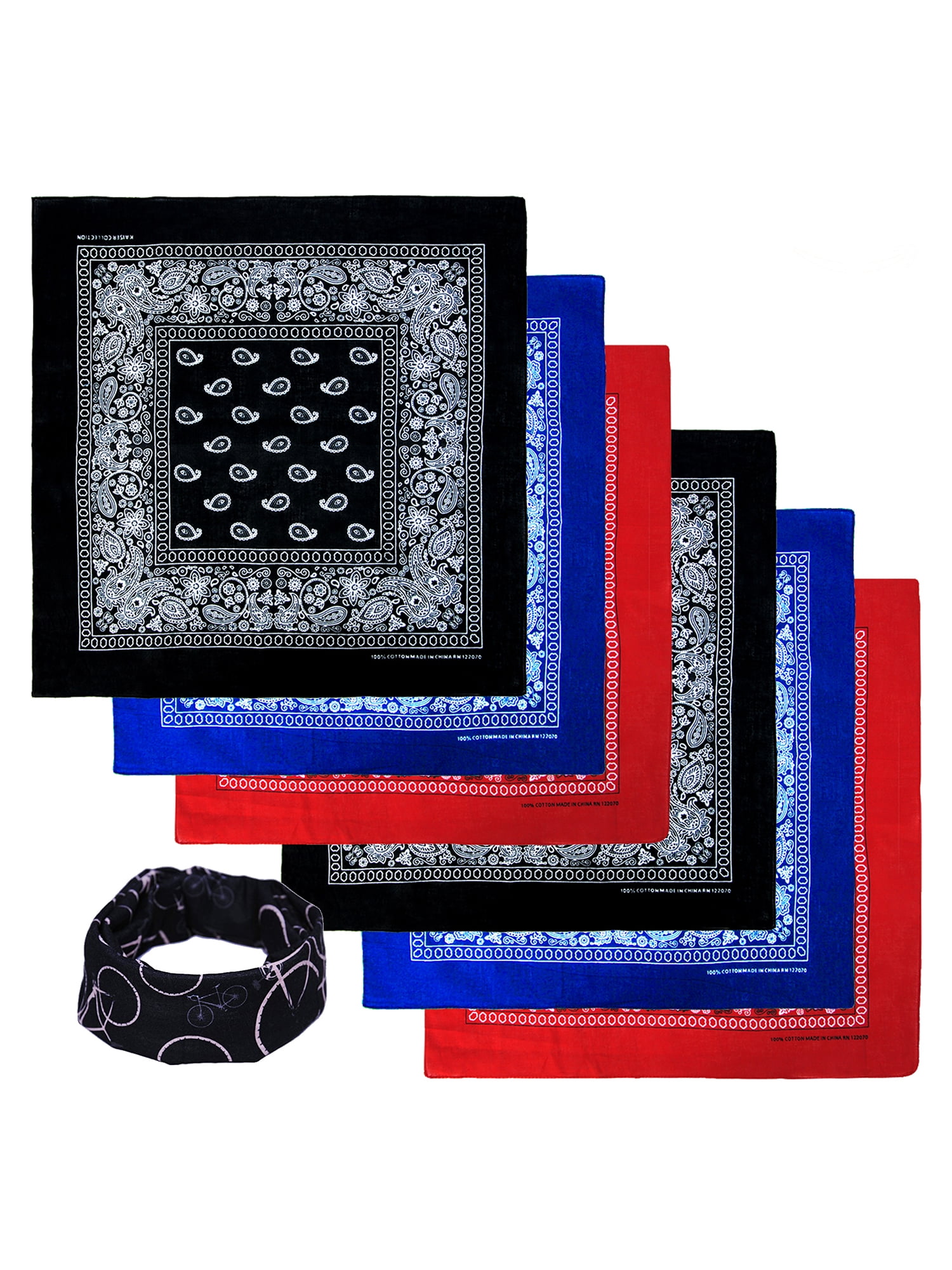 Basico 100% Cotton Head Wrap Bandanas 6 Pack with Tube Face Mask ...