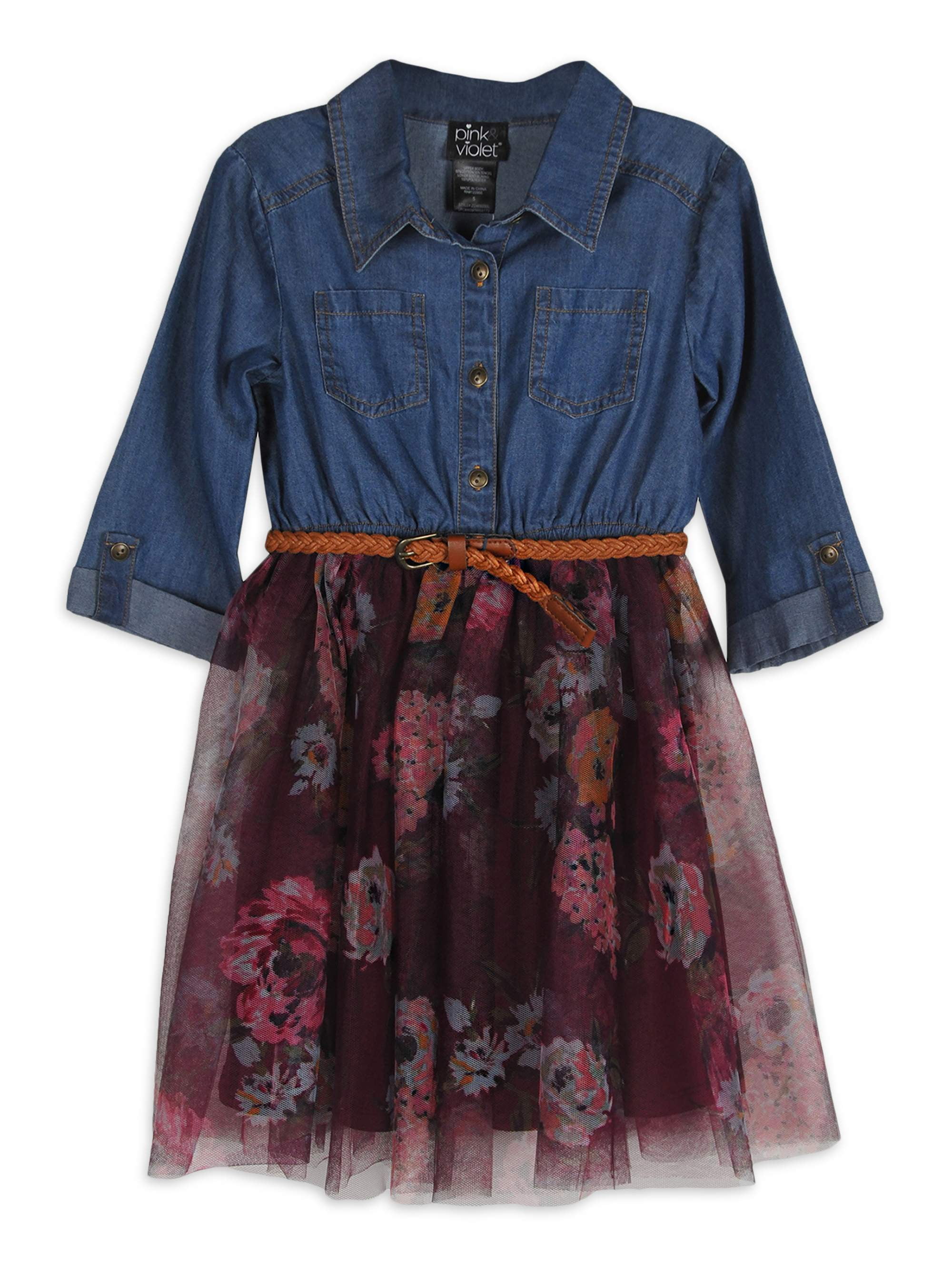 Pink & Violet - Pink & Violet Girls 3/4 Sleeve Denim & Mesh Dress ...