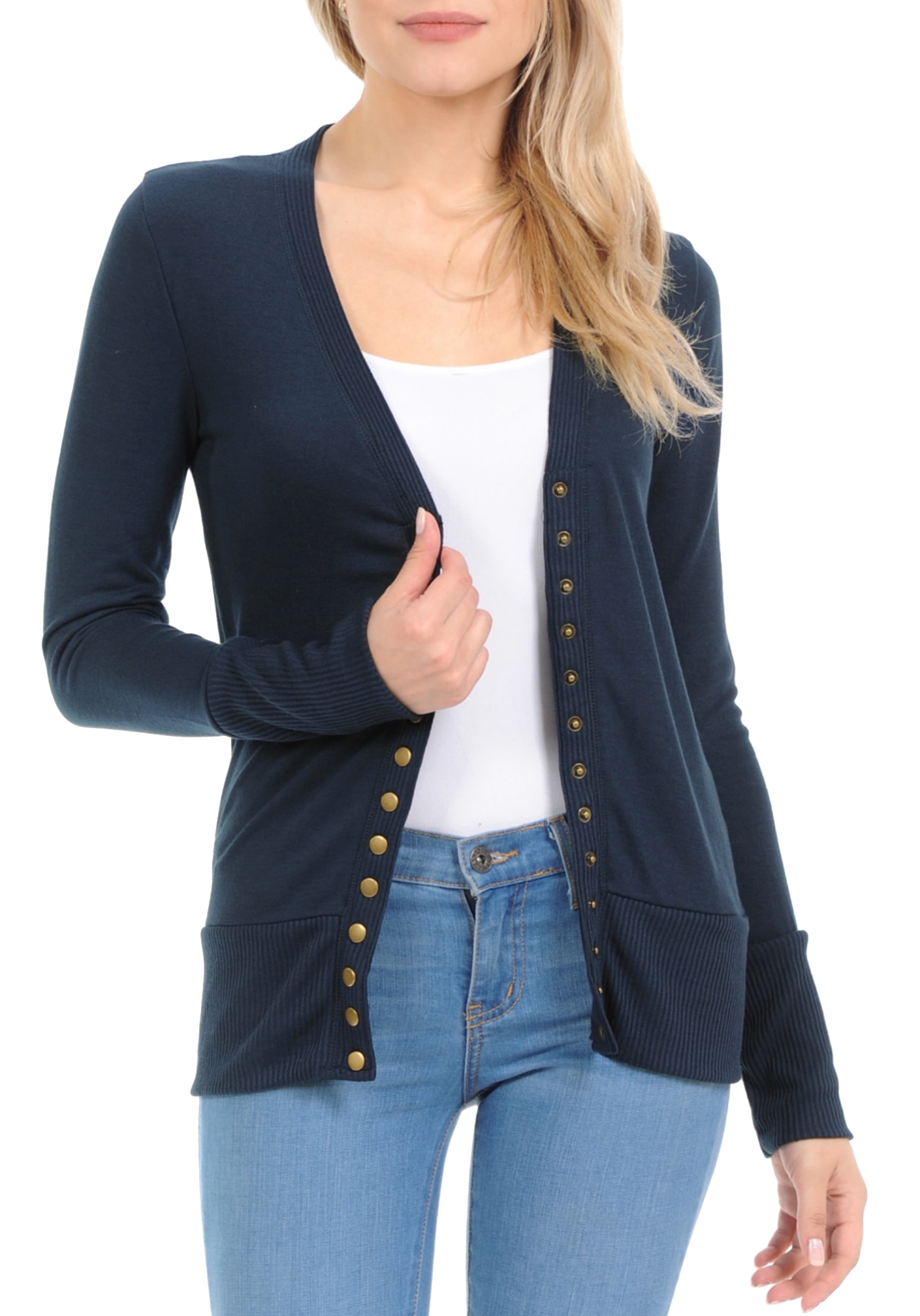 ClothingAve. Women's Long Sleeve Snap Button Sweater Cardigan w/ Ribbed ...