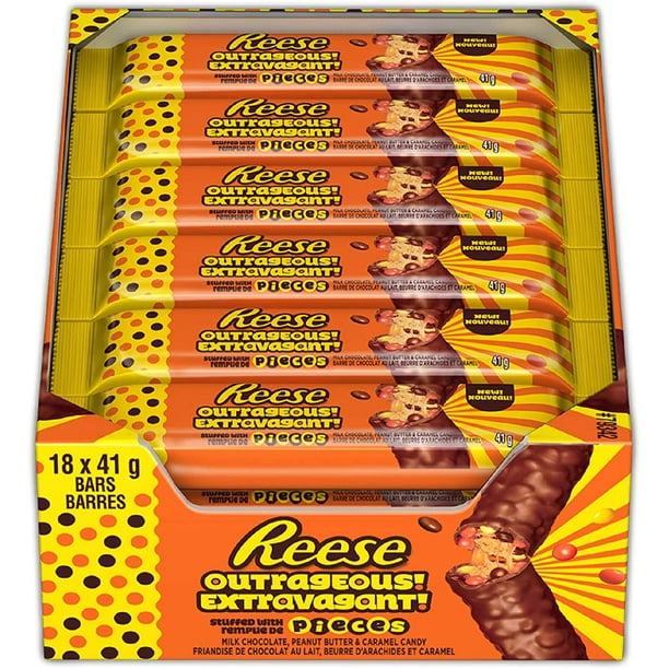 REESE Outrageous! Milk Chocolate Candy Bar Stuffed with Reeses Pieces, 41g (Bulk Box of 18 ...