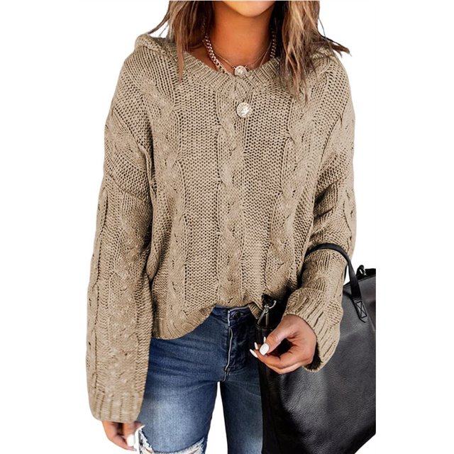 Langwyqu V Neck Women Long Sleeve Spring Autumn Cable Sweater Hooded