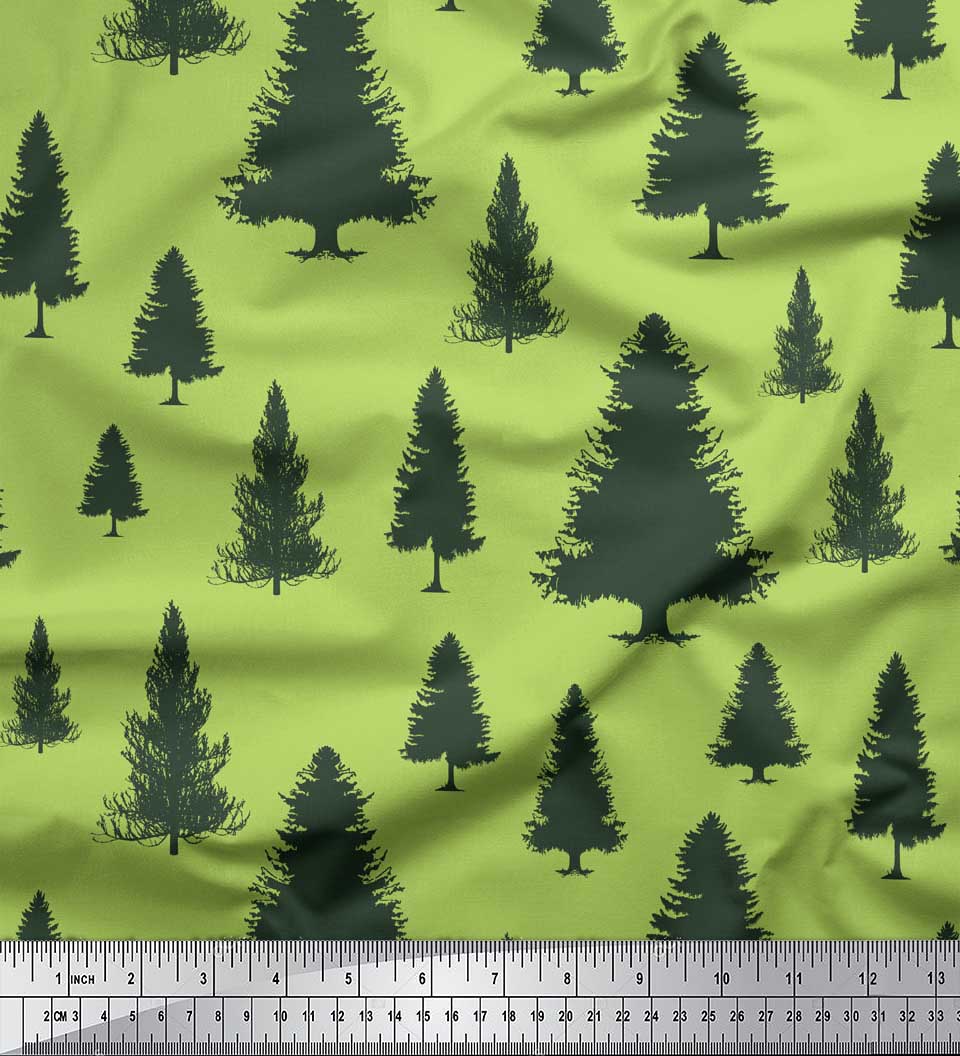 Soimoi Green Silk Fabric Deodar Cedar Tree Print Sewing Fabric Yard 42 ...