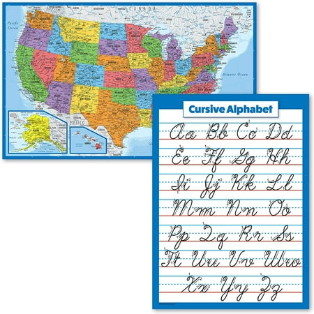 2 Pack - USA Map Poster [Blue Ocean] & Cursive Handwriting ABC Alphabet ...