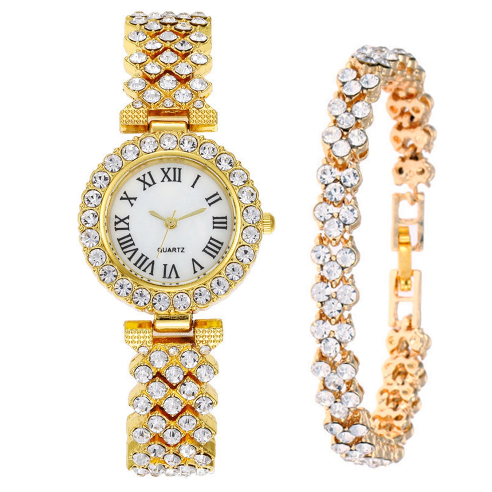 rygai 2Pcs/Set Women Watch Bracelet Kit Round Dial Shiny Rhinestones ...