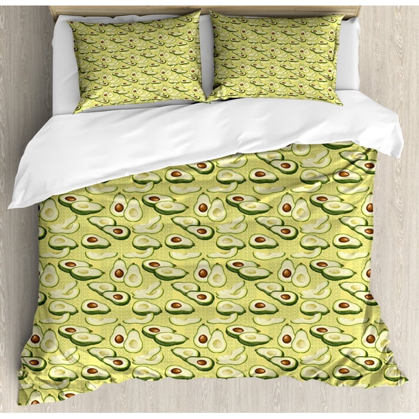 Avocado King Size Duvet Cover Set, Cartoon Ripe Avocados in Slices with ...