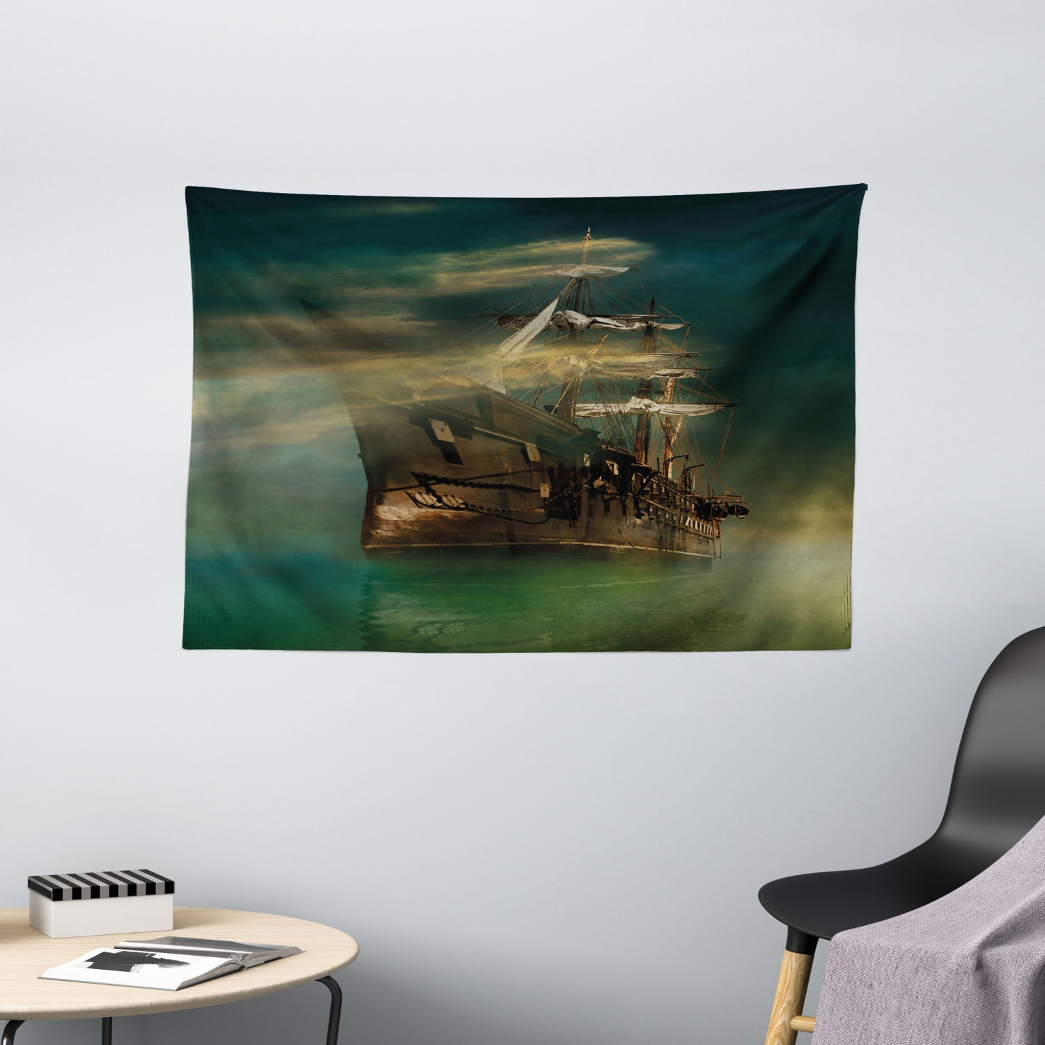 Fantasy Tapestry, A Phantasmagoric Old Ship Sailing on Calm Sea Misty ...
