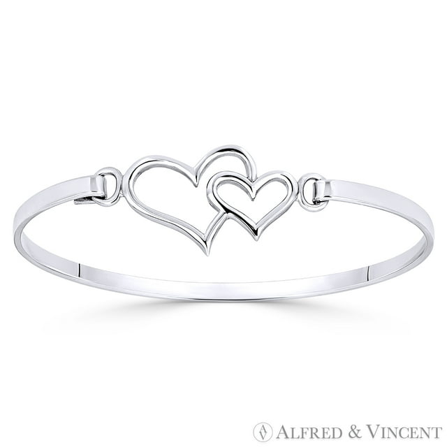 16x24mm Double Heart Charm Closed Cuff Bangle Bracelet in .925 Sterling ...