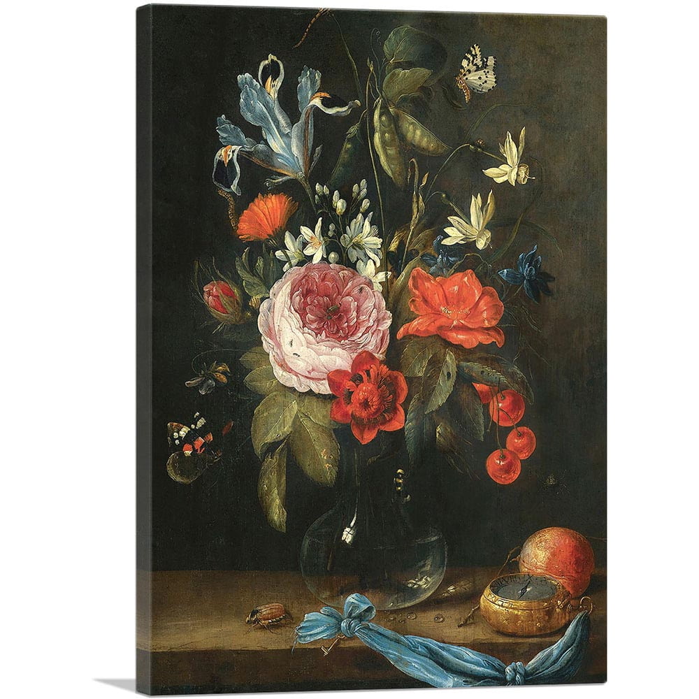 ARTCANVAS Still Life Flowers Glass Vase Red Admiral Butterfly Bee ...