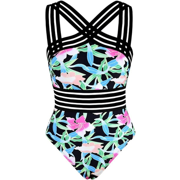 Hilor Women's One Piece Swimwear Front Crossover Swimsuits Hollow ...