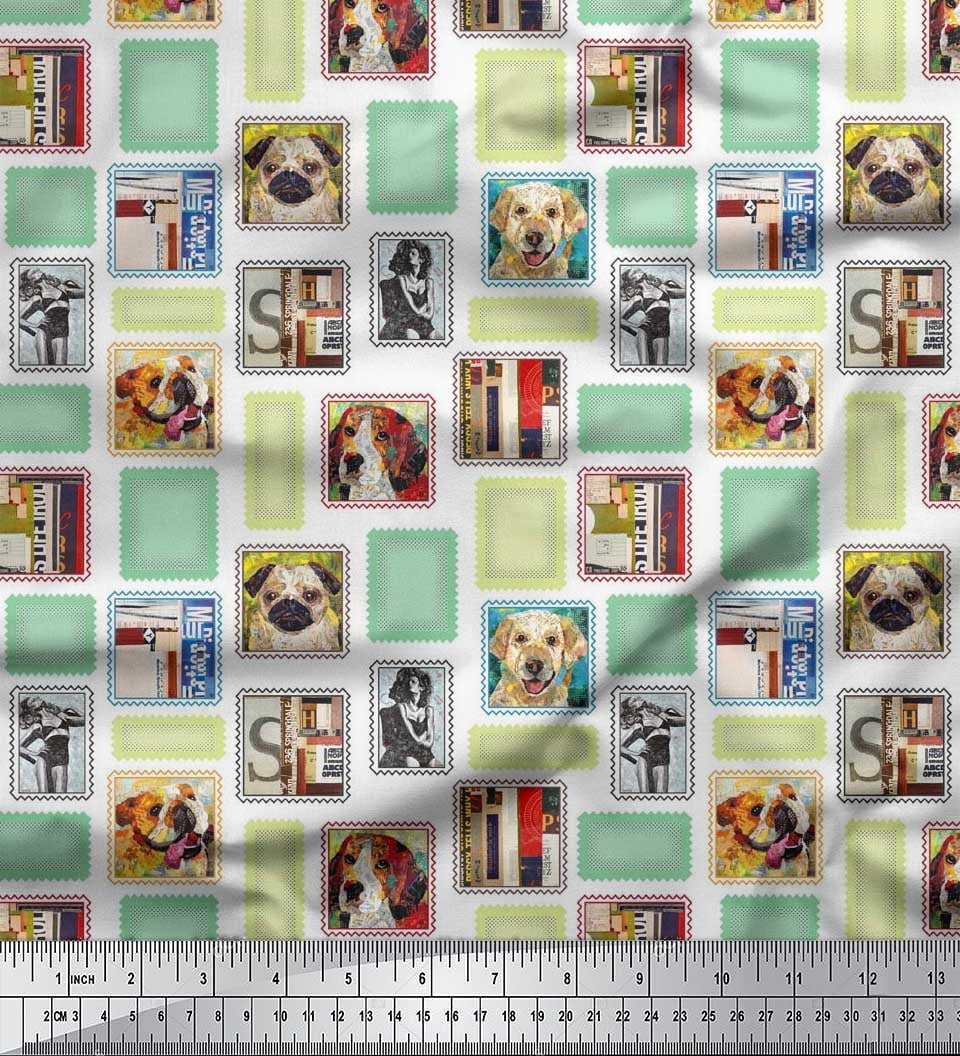 Soimoi Crepe Silk Fabric Frames,Women & Dogs Patchwork Print Fabric by ...