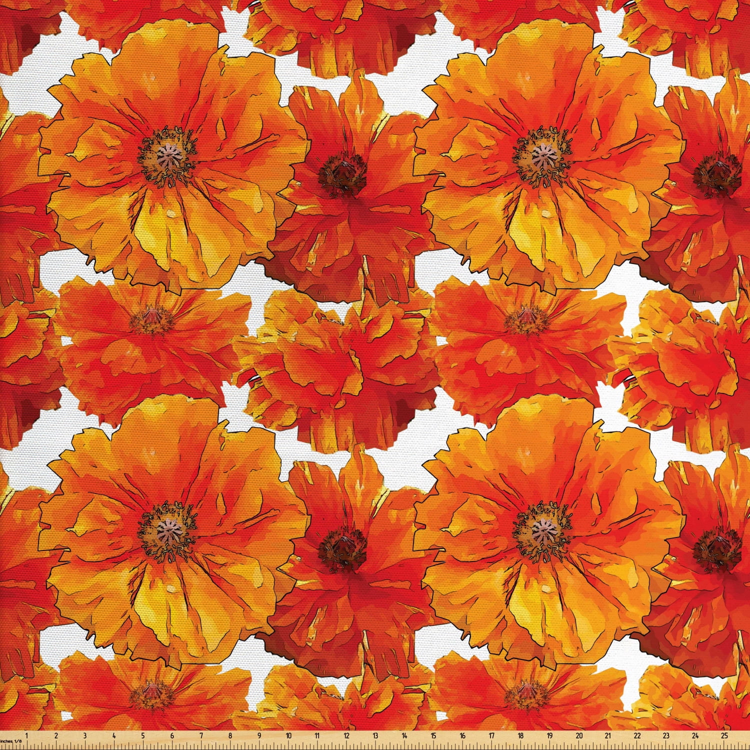 Orange Upholstery Fabric by the Yard, Big Flourishing Bohemian Poppies ...