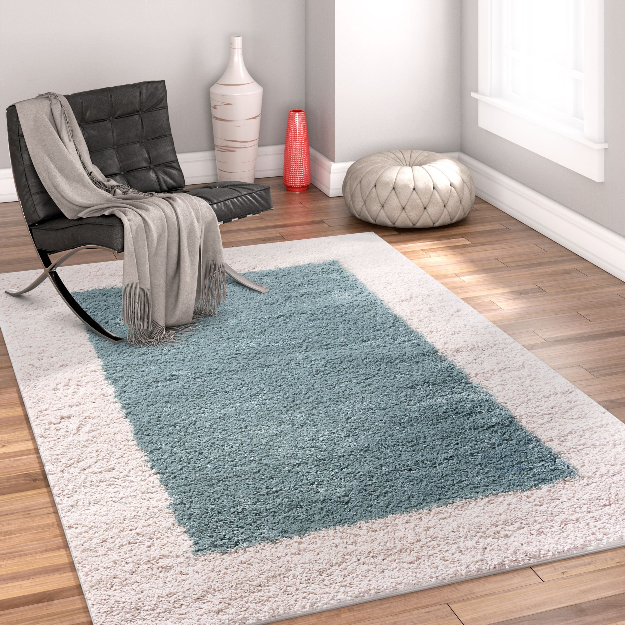 Porta Border Modern Geometric Shag 7x10 (6'7'' x 9'10'') Area Rug Light ...