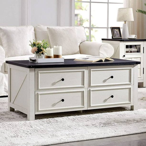 T4TREAM Farmhouse Wood Rectangle 48" Coffee Table with 4 Drawer Storage for Living Room, White ...