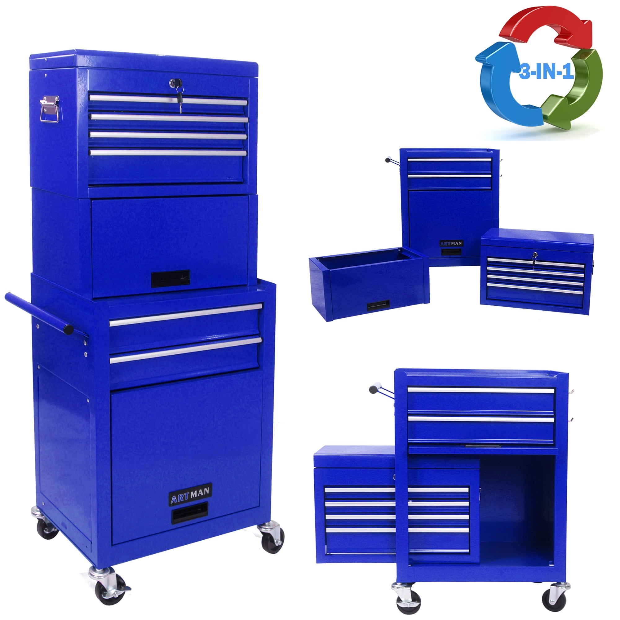 Seizeen Rolling Tool Box W/Wheels, 3-IN-1 Metal 6-Drawer Tool Chest ...