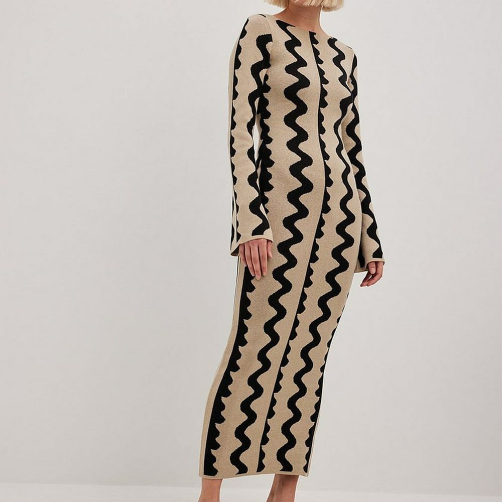 Click here for Generic Women Bodycon Maxi Dress Wave Stripe Knit... prices