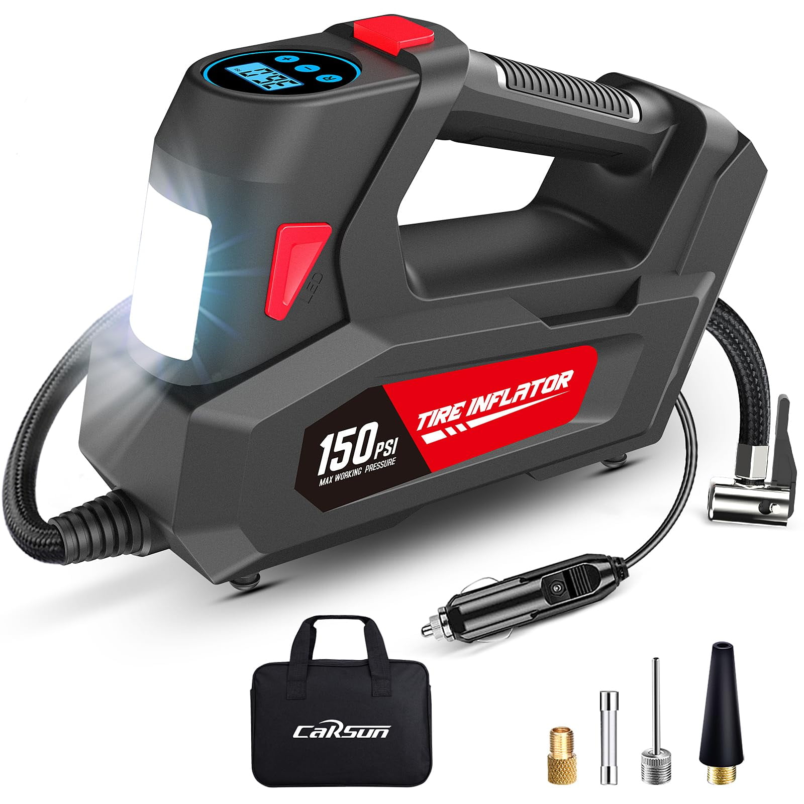 Compresor de aire, inflador de neumáticos CARSUN portátil, 12 V, 150 PSI | Bodega Aurrera en línea