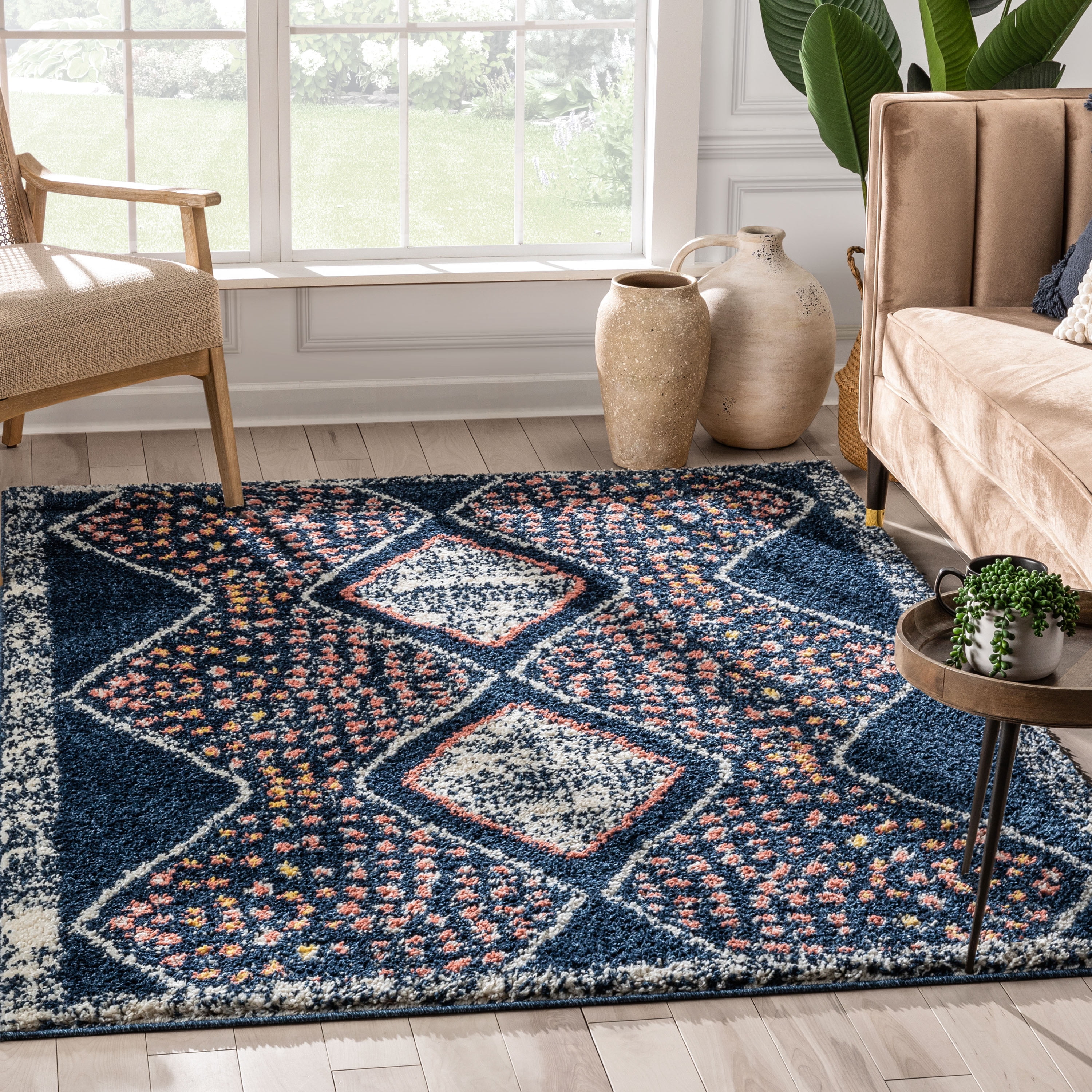 Well Woven Sanesa Blue Tribal Diamonds Retro Shag Area Rug 5x7 (5'3" x ...