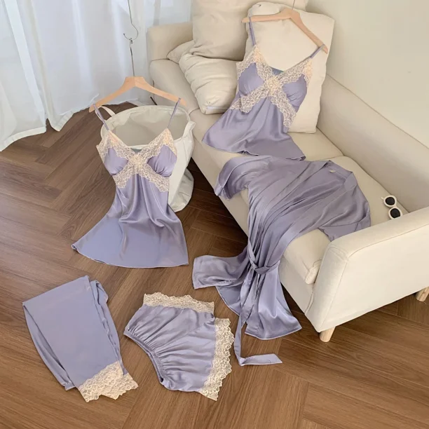 Five Piece Women Pajamas Set Lace Sleepwear Bathrobe Lingerie Summer Satin Nightgown Pijamas Suit Nightsuits Home Wear Clothing