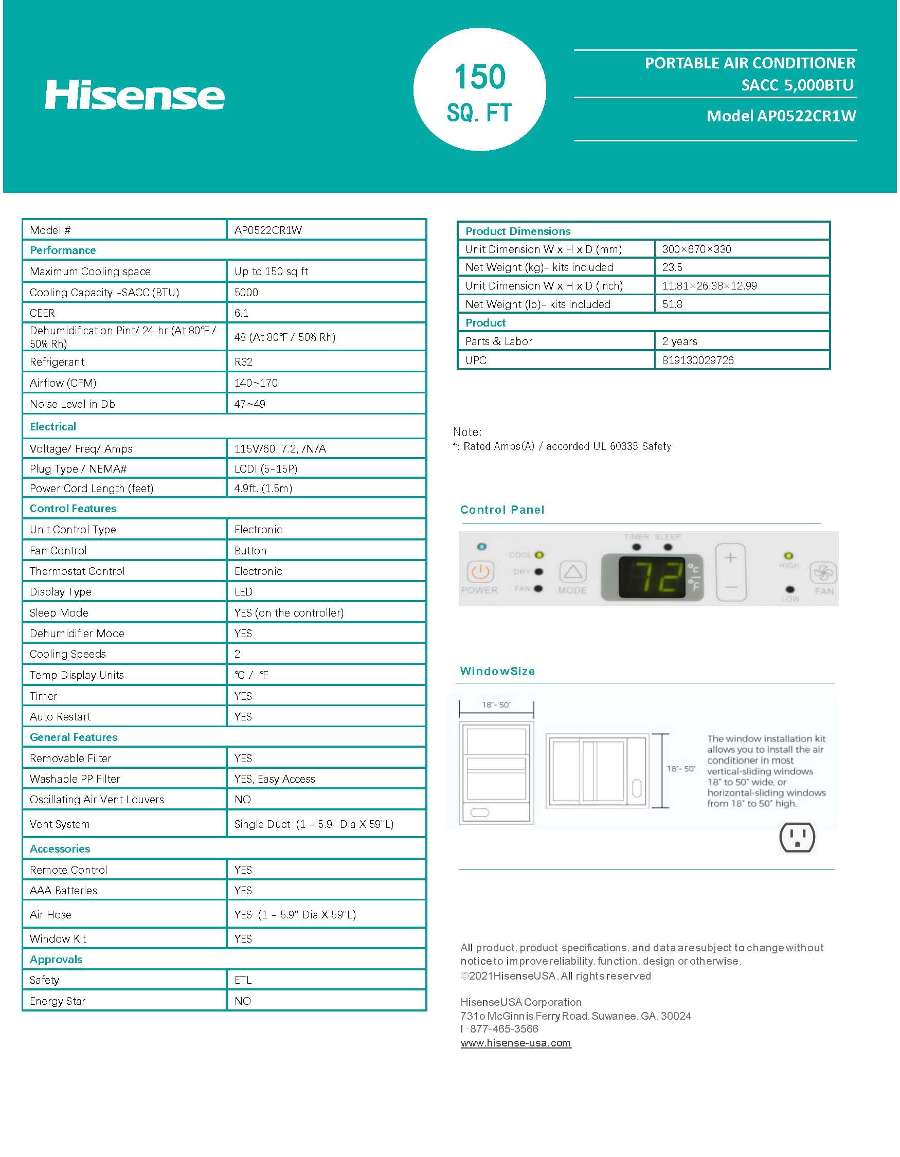 Hisense Portable Air Conditioner, 5000 BTU, 150 Sq Ft, White, Vented ...