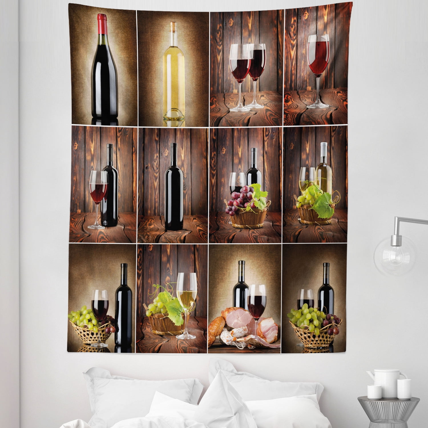 Wine Tapestry, Drink Themed Collage on Wooden Backdrop Grapes and Meat ...